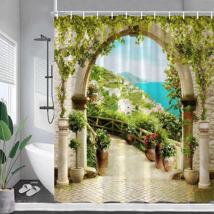 Rideau de douche paysage italien avec crochets,ville européenne vintage ...