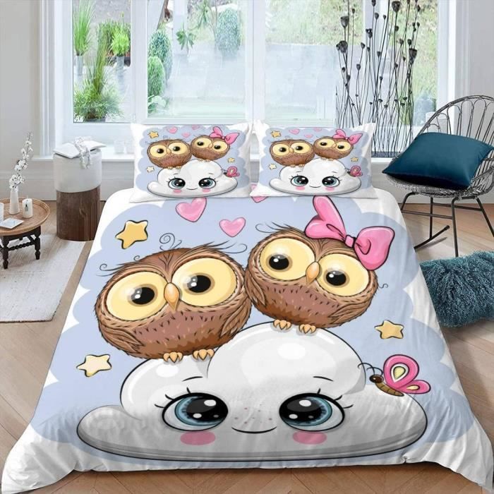 Parure De Lit 3 Pièces Chouette Dessin Animé Housse De Couette 240X260 Adulte 3D Motif ...