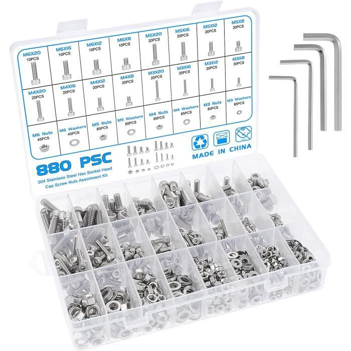 Lot de 880 boulons à tête hexagonale M3 M4 M5 M6 en acier inoxydable 304 avec boîte de rangement ...