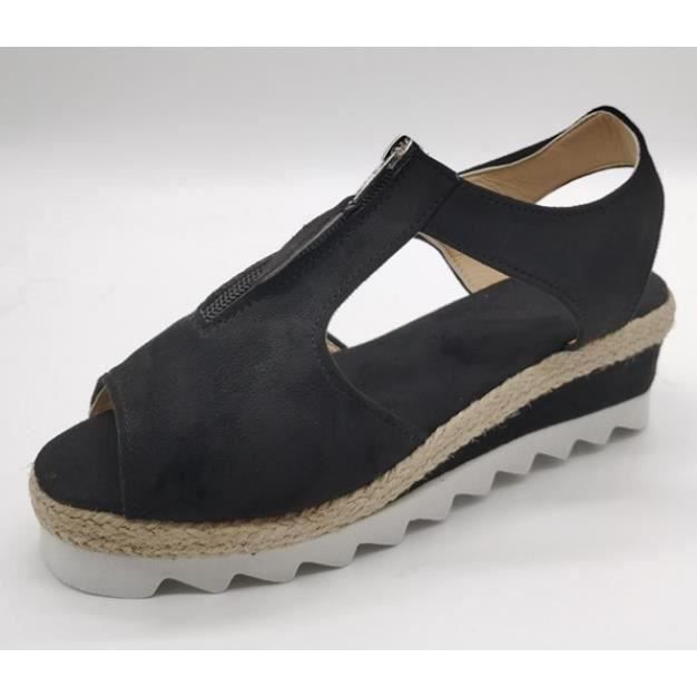 Sandales en daim à talon compensé et bride à la bouche Noir - Cdiscount ...