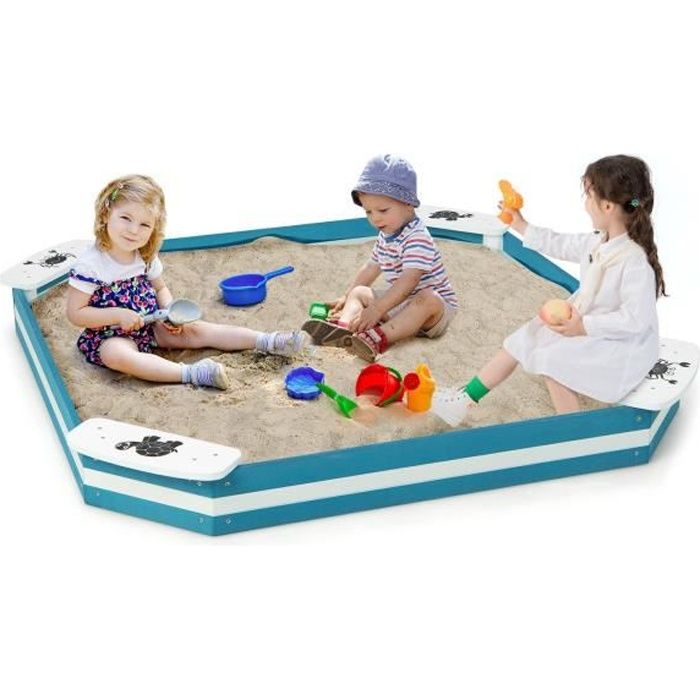 COSTWAY Bac à Sable pour Enfants 126 x 126 x 14 cm, 4 Sièges Intégrés en Bois de Cèdre Sans Fond ...