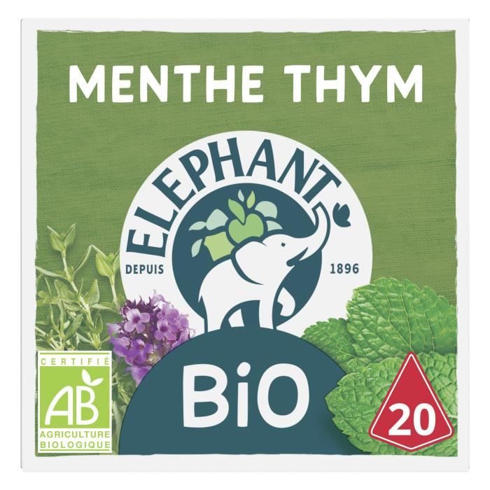 LOT DE 2 - ELEPHANT - Infusion Bio Menthe Thym - boite de 20 Sachets ...
