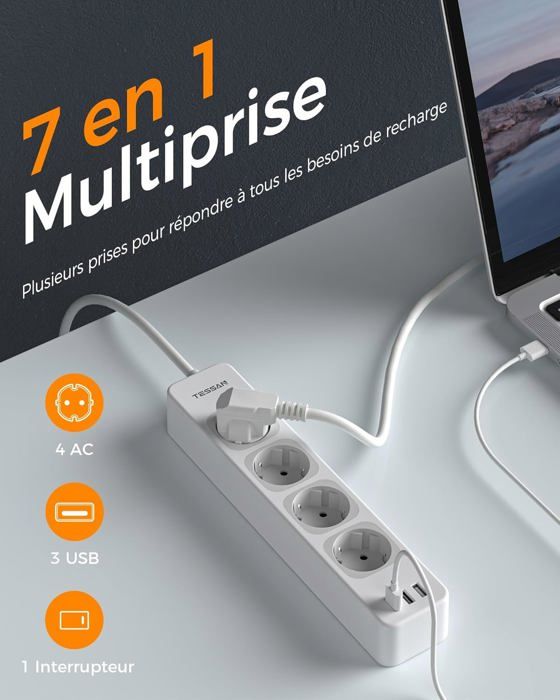 4 Prises Multiprise avec USB Rallonge Multiprise 5M 7 en 1 Multiprise ...