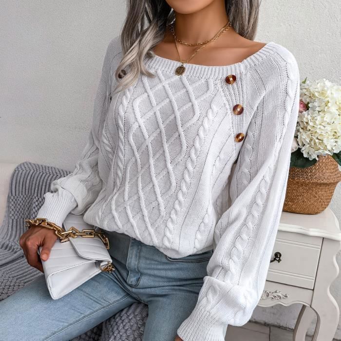 Pull tricoté femme blanc - Automne hiver décontracté - Col carré cloué ...