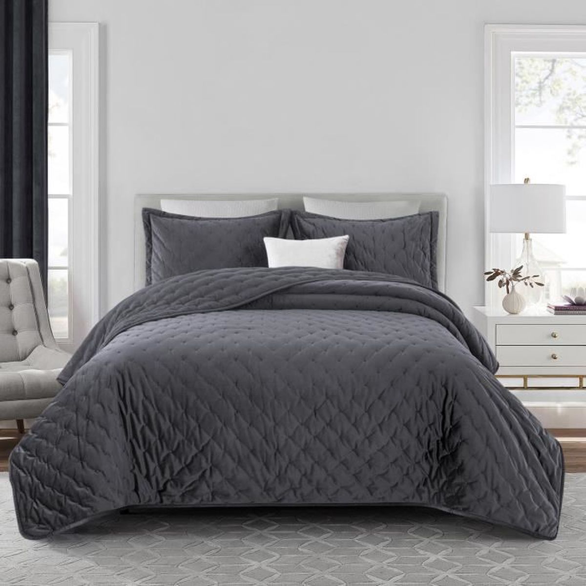 Couvre-lit matelassé en velours moelleux - Double (220 x 240 cm) + 2 ...