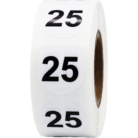 AJW-Rouleau de 500 étiquettes rondes blanches avec numéro 25 noir 1,9 ...