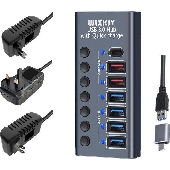 USB3.0-Hub aus Aluminium mit 36W (12V-3A) Stromversorgung, 7-in-1-USB ...