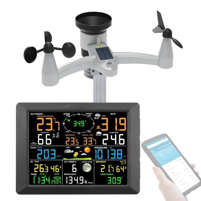 Station Météo Wifi Avec Capteur Extérieur, Stations Météo 7 En 1 À Énergie Solaire Avec Système ...