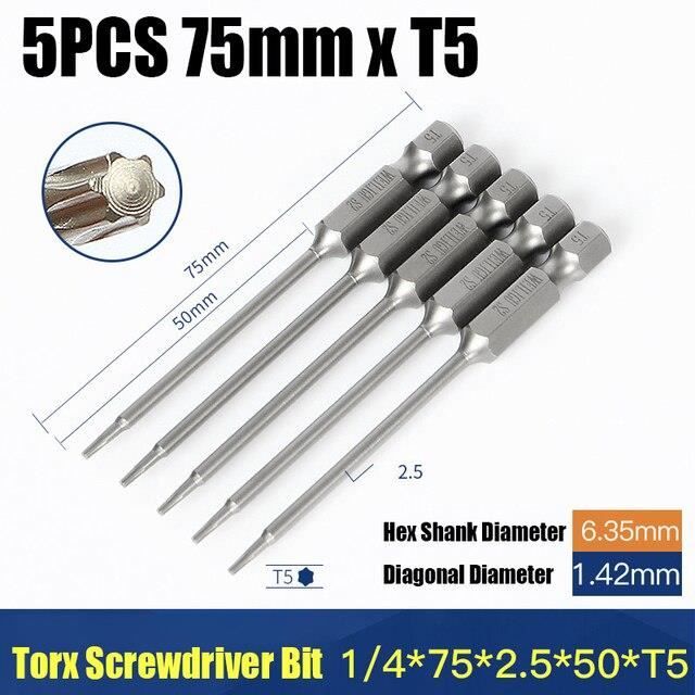 VISSEUSE - DEVISSEUSE,5PCS 75mm x T5--Jeu'embouts de tournevis Torx 100, 50-75-150-T3 T40 mm ...