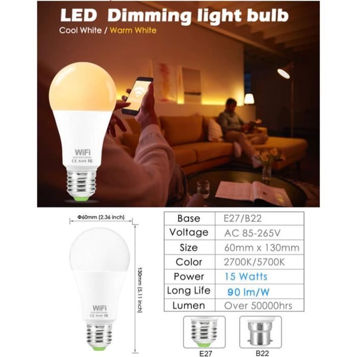 Led Ampoule Lampe Dimmable 15W, Lumières Bulb E27 Wifi App Alexa Google Assistant Control ...
