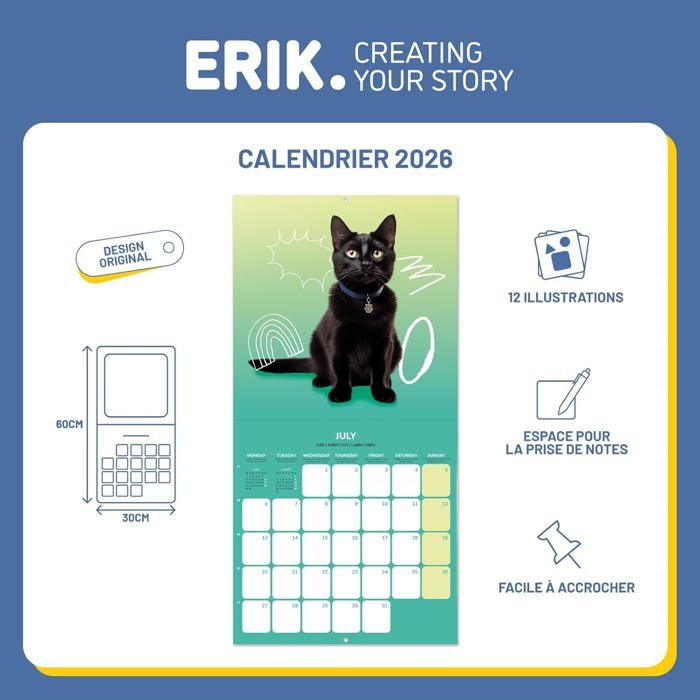 Calendrier chat 2026 mural mensuel idéal cadeau espace notes ...