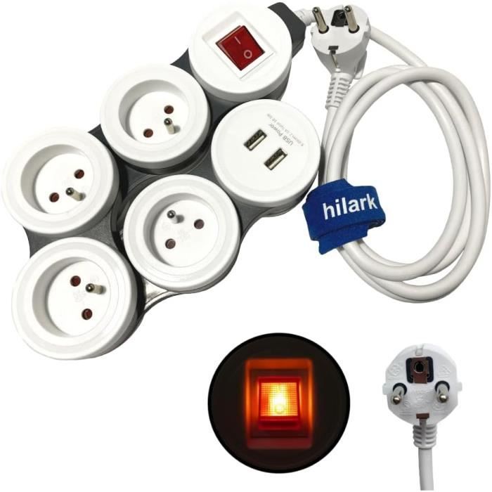 Rallonge Multi-Prises (4 Prises + Usb2.1A, Blanc, 1,5 Mètre)[J1428 ...