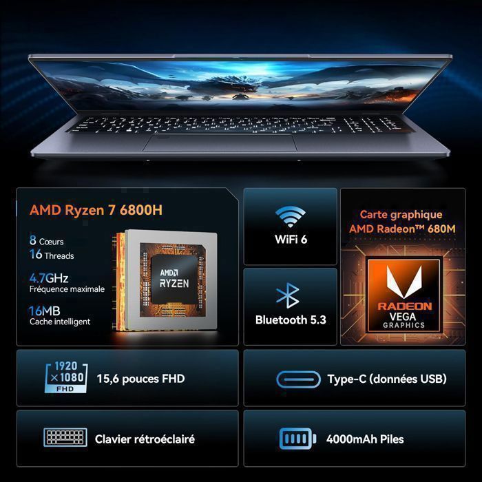 PC Portable Gamer, AMD Ryzen 7 6800HX(8C-16T, jusqu'à 4,7 GHz)16Go RAM ...