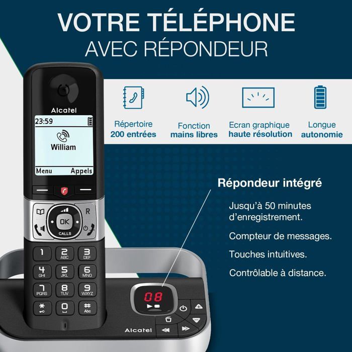 Téléphone fixe sans fil avec répondeur - SWROSE -ALCATEL F890 Voice ...