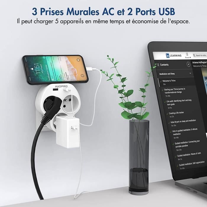 Multiprise murale , prise usb multiple triangulaire 5 en 1, chargeur ...