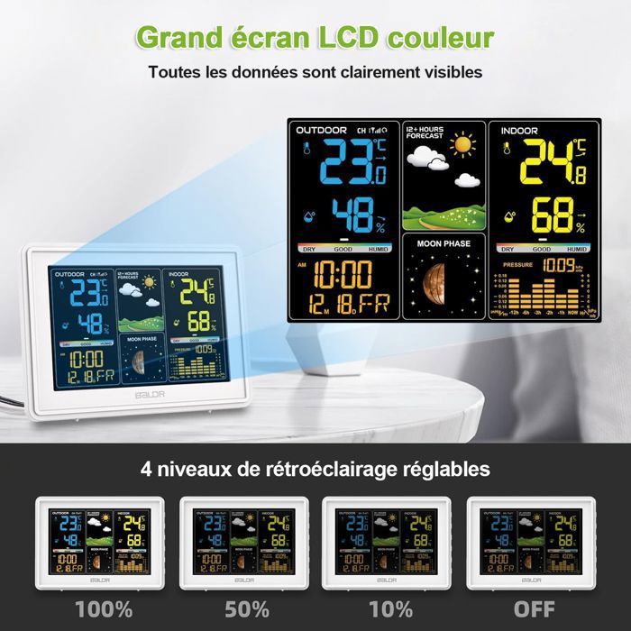 Station Météo sans fil, Horloge radio-pilotée, Grand écran couleur, Affichage de Température ...