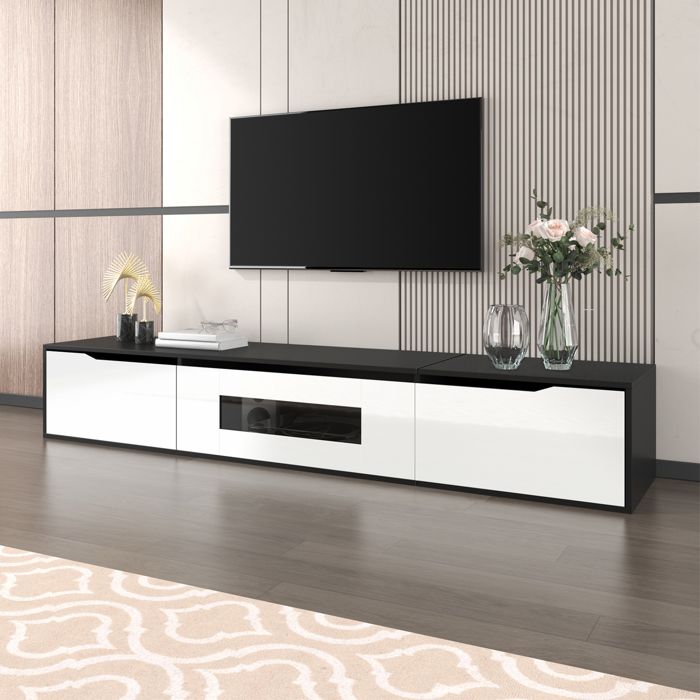 Meuble TV mural laqué brillant,180cm,avec éclairage LED et port USB ...