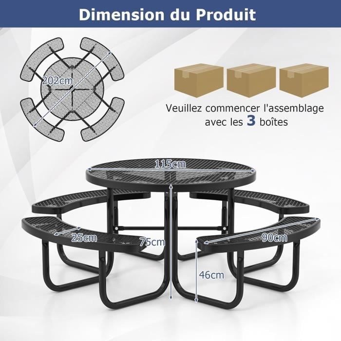 COSTWAY Ensemble Table de Pique-Nique Ronde avec 4 Bancs Intégrés pour ...