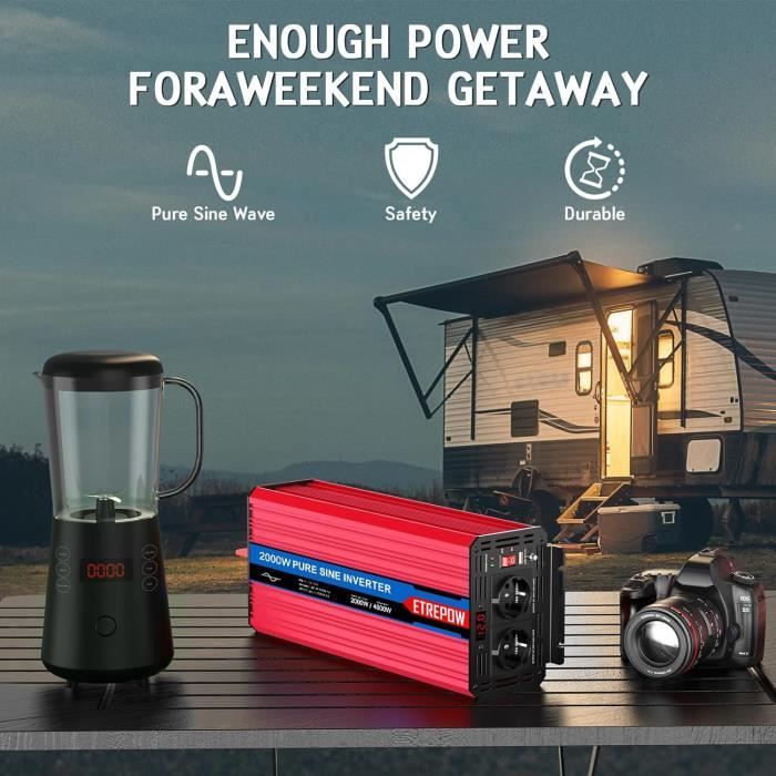 2000W Convertisseur 12V 220V Pur Sinus Onduleur-2 Prises Eu Ac Et 1 Port Usb, Télécommande Et ...