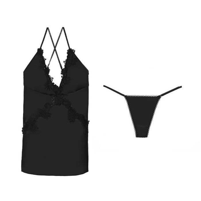 Meetr Chemise De Nuit Dos Nu Brodée En Satin Pour Femmes Pyjama à Col