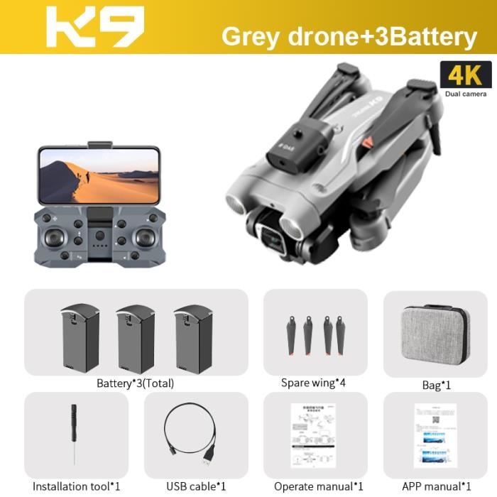 Gris-4K-3B - KBDFA 2023 nouveau drone k9, Double caméra professionnelle, Grand angle pliable hd ...