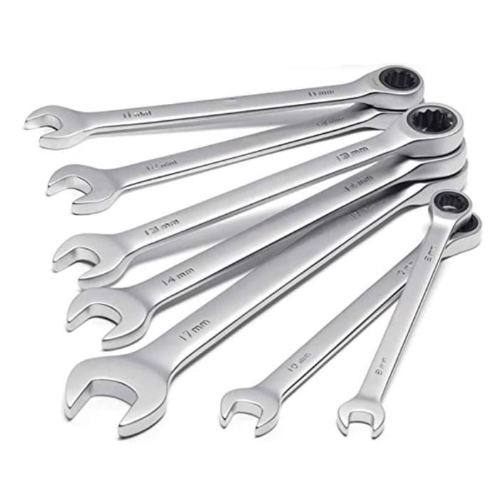 Clé Plate à Cliquet - 7 clés - Mécanisme Réversible - 8-19mm - Chrome ...