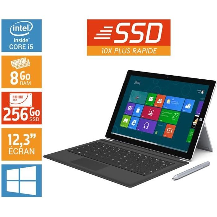Tablette Microsoft Surface Pro 3 12 Pouces Intel Core i5 8 Go Ram 256 Go SSD Disque Dur Avec ...