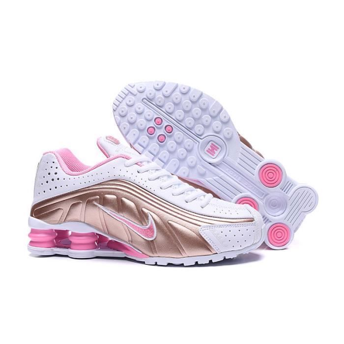 Baskets Nike Air Shox R4 Femme Chaussures Entraînement de Sport Blanc Or Rose Blanc or rose ...