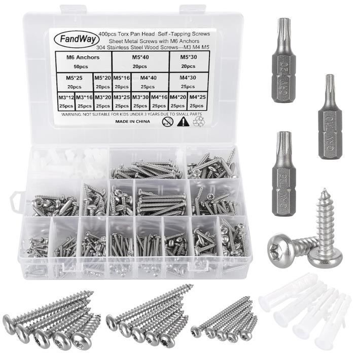 Lot De 400 Vis Autotaraudeuses Torx En Acier Inoxydable A2-70, Vis Autotaraudeuses M3-M4-M5, Vis ...