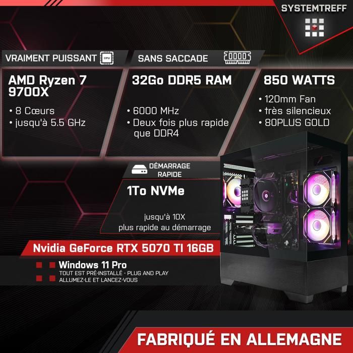 PC Gamer - AMD Ryzen 7 9700X - Nvidia GeForce RTX 5070 TI 16Go - 32Go ...