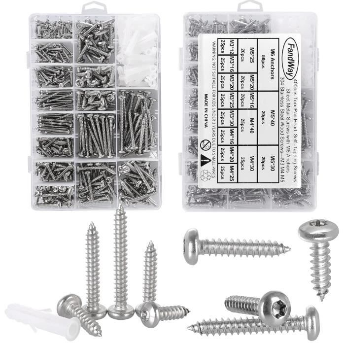 Lot De 400 Vis Autotaraudeuses Torx En Acier Inoxydable A2-70, Vis Autotaraudeuses M3-M4-M5, Vis ...