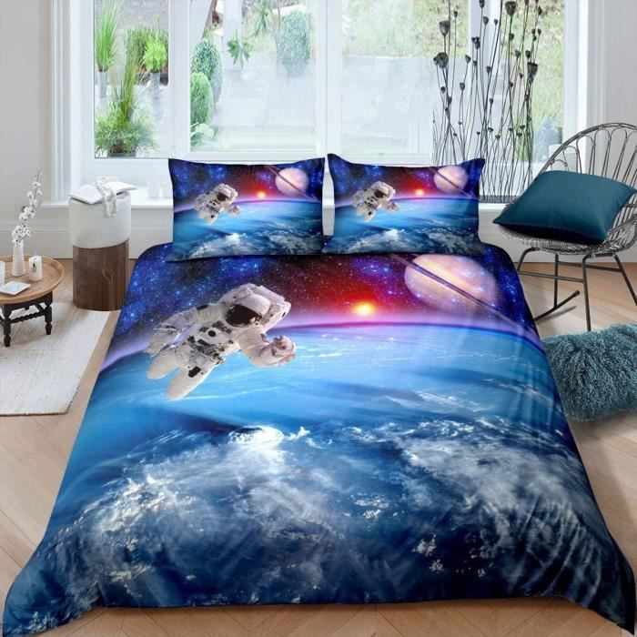 Housse De Couette 140X200 Astronaute Espace Parures De Lit Ciel Étoilé 1 Personne Microfibre ...