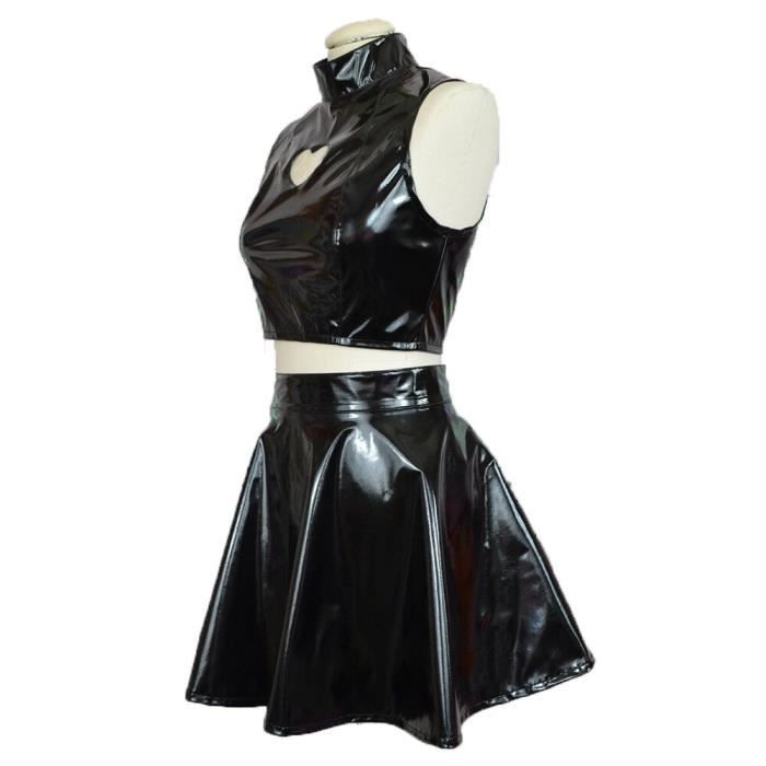 Robe,Robe en Faux cuir PVC brillant pour femmes, tenue de rue, ensemble ...