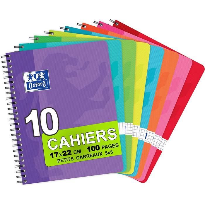 Oxford Lot de 10 Cahiers à Spirales 17 x 22cm 100 Pages Petits Carreaux 5x5mm 90g Coloris ...
