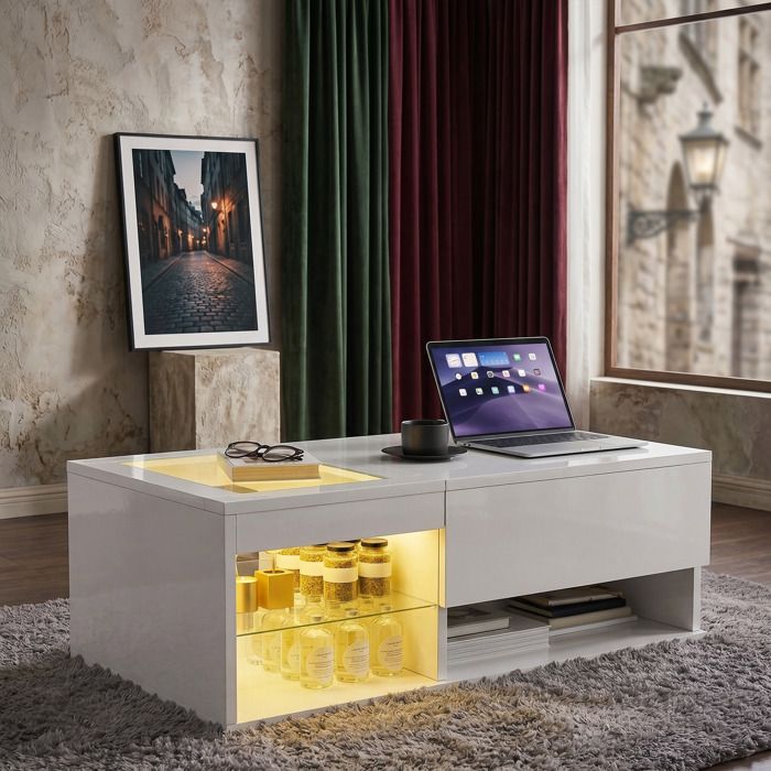 Table basse relevable blanche brillante avec LED et grand coffre de ...