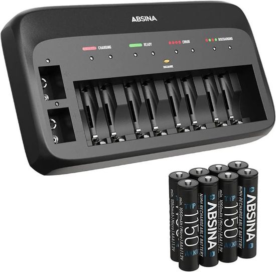 Chargeur de Piles Rechargeables X10 pour AA, AAA & 9V + 8X 1150 AAA ...