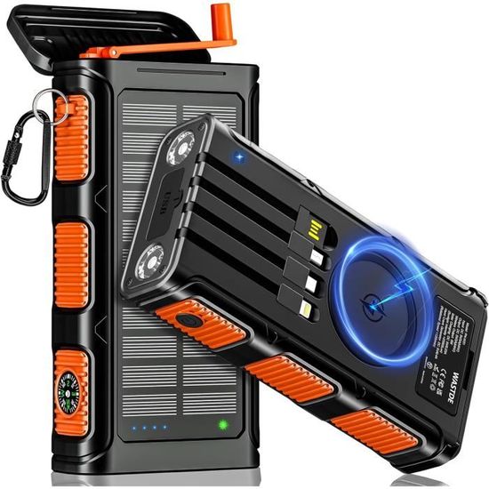 Powerbank Solaire Sans Fil De 26800Mah Avec Manivelle & 4 Câbles, Usb-C ...
