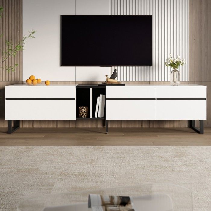 Meuble TV bas blanc 180x38x45cm moderne minimaliste avec compartiment ...
