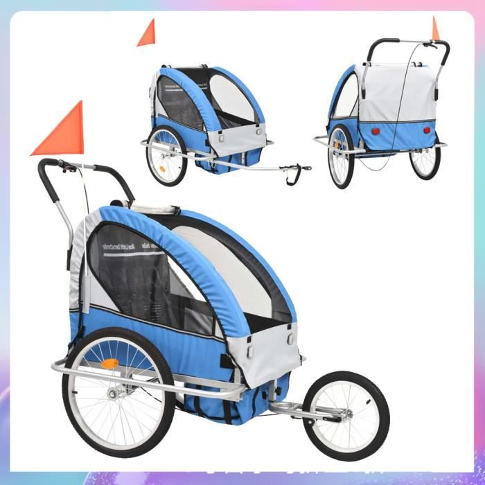 Remorque à vélo et poussette pour enfants 2-en-1 Bleu et gris Tissu ...