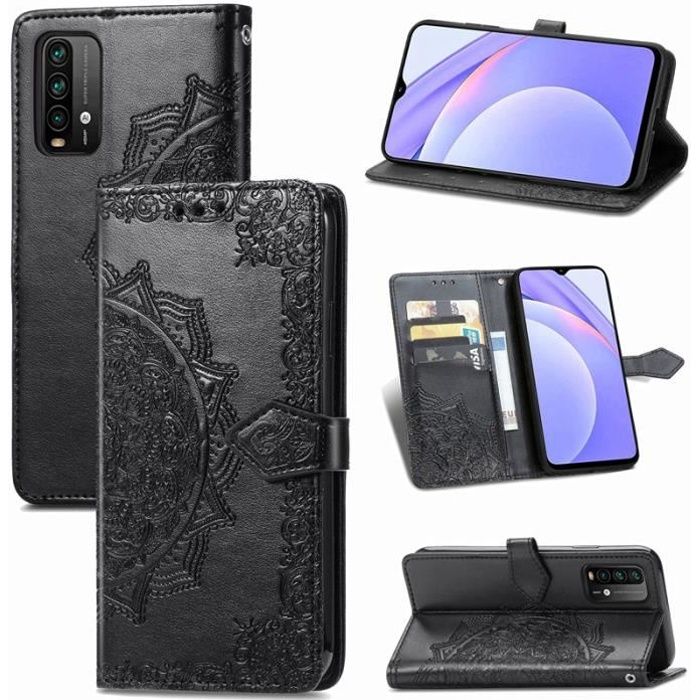 Coque Xiaimi Redmi 9T, Noir Silicone en Cuir Mandala Fleur Avec ...