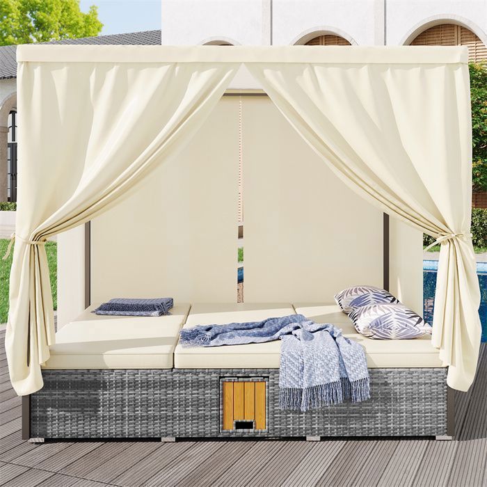 Bain de Soleil Double Résine Tressée avec Baldaquin, Transat Pliable ...