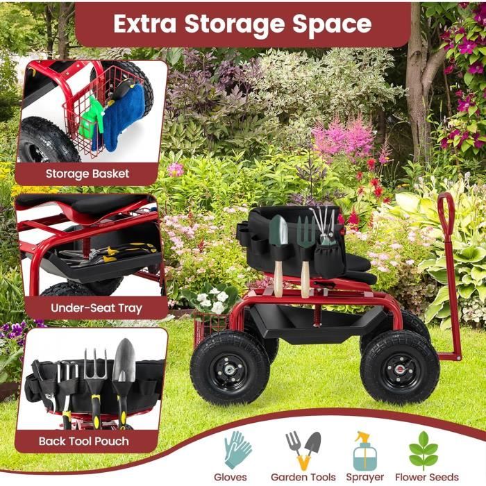 GOPLUS Chariot de Jardin à Roulettes avec Siège Pivotant, Poignée ...