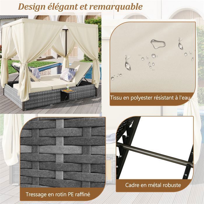 Bain de Soleil Double Résine Tressée avec Baldaquin, Transat Pliable ...