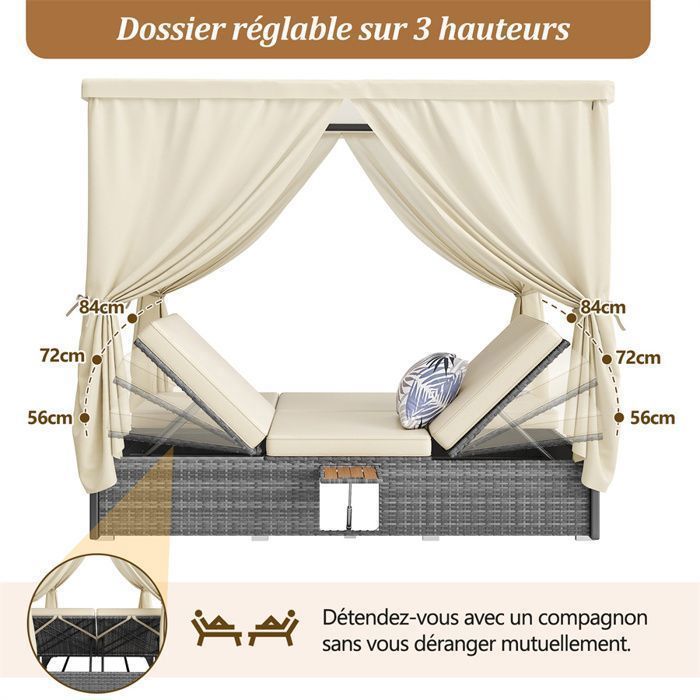 Bain de Soleil Double Résine Tressée avec Baldaquin, Transat Pliable ...