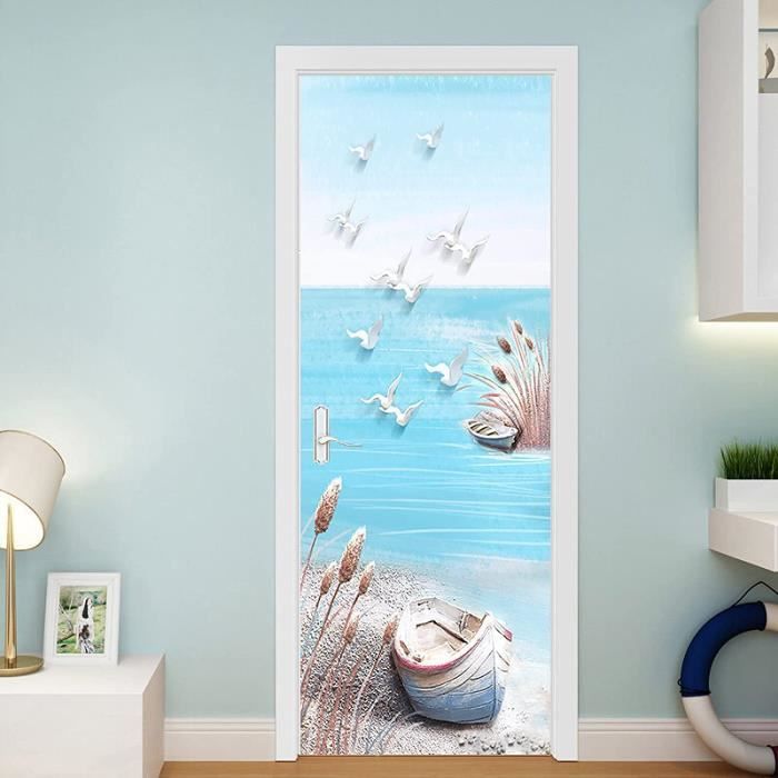 Stickers Porte 3D Auto-Adhésif - Plage Bois Bateau Océan Paysage - Pvc ...