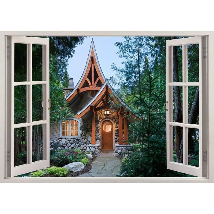 Sticker Mural Cottage Jungle Scene Trees 3D Effect View Window Sticker ...