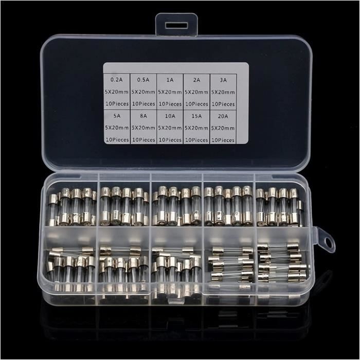 Fusible 100 pièces 5x20mm fusibles en Verre à soufflage Rapide 0.2A-20 Amp 250V 10 Tailles Kit ...