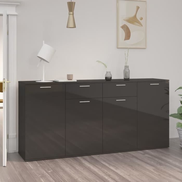MAGIC BUFFET - BAHUT Armoire à vitrine Buffet Noir brillant 160x36x75 ...