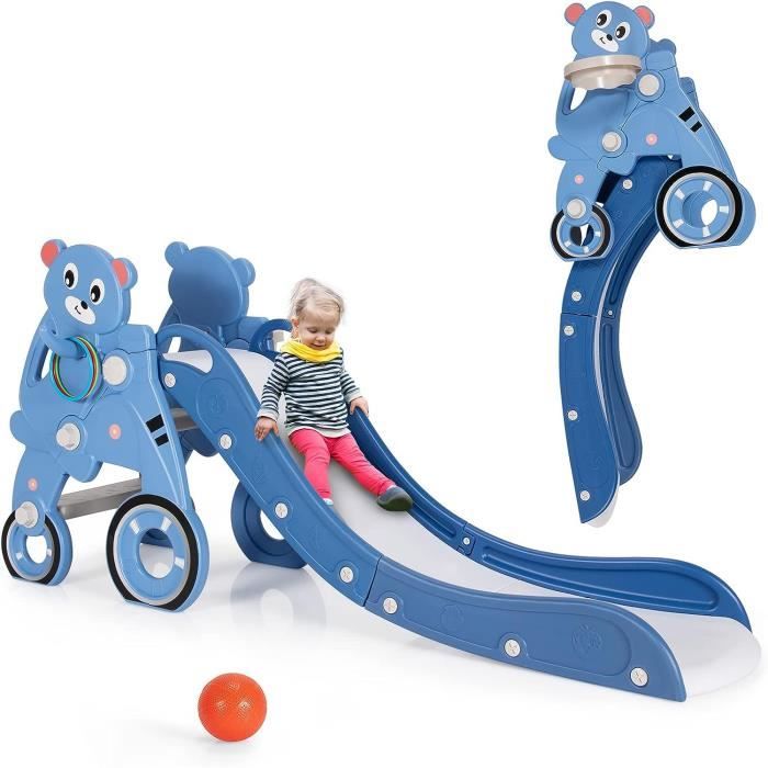GOPLUS Toboggan pour Enfants 3 en 1 Panier de Basketball, Jeu d’Anneaux, Toboggan Pliable d ...