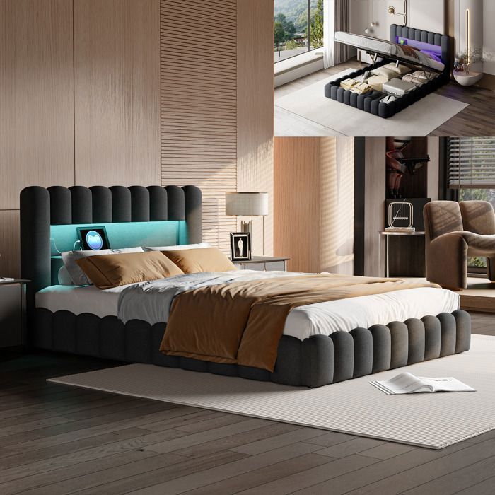 Lit 160x200 cm - LED - USB - tissu en Lin - cadre de lit adulte ...